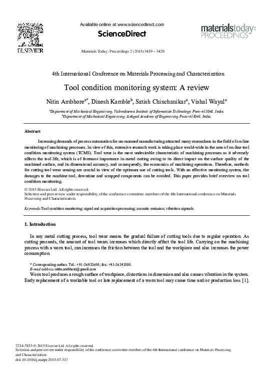 Pdf Tool Condition Monitoring System A Review