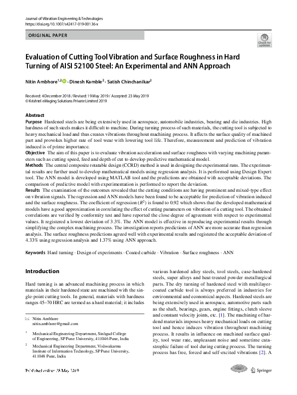 Pdf Evaluation Of Cutting Tool Vibration And Surface Roughness In Hard Turning Of Aisi 52100