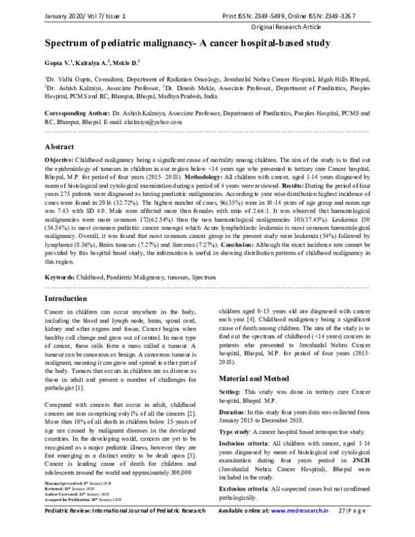 (PDF) Spectrum of pediatric malignancy- A cancer hospital-based study