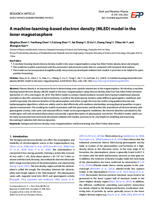(PDF) A machine learning-based electron density (MLED) model in the inner magnetosphere