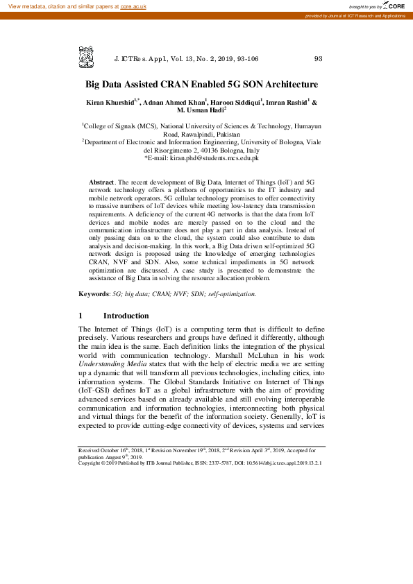 (PDF) Big Data Assisted CRAN Enabled 5G SON Architecture