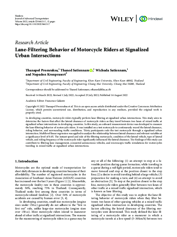 (PDF) Lane-Filtering Behavior of Motorcycle Riders at Signalized Urban ...