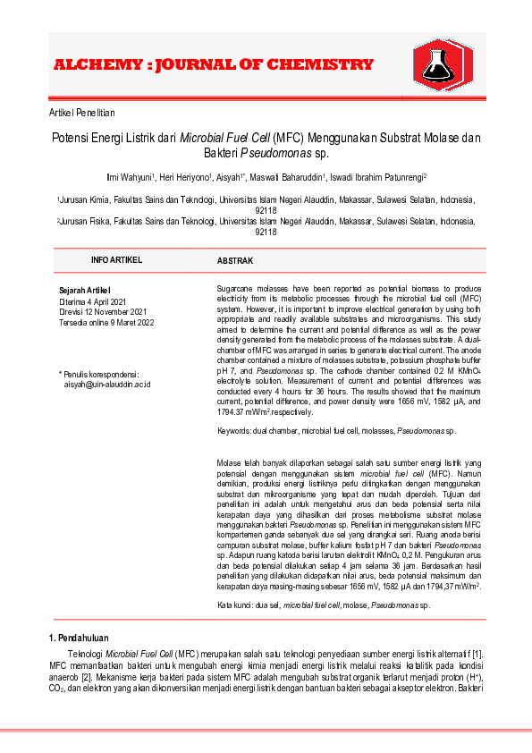 (PDF) Potensi Energi Listrik dari Microbial Fuel Cell (MFC) Menggunakan ...