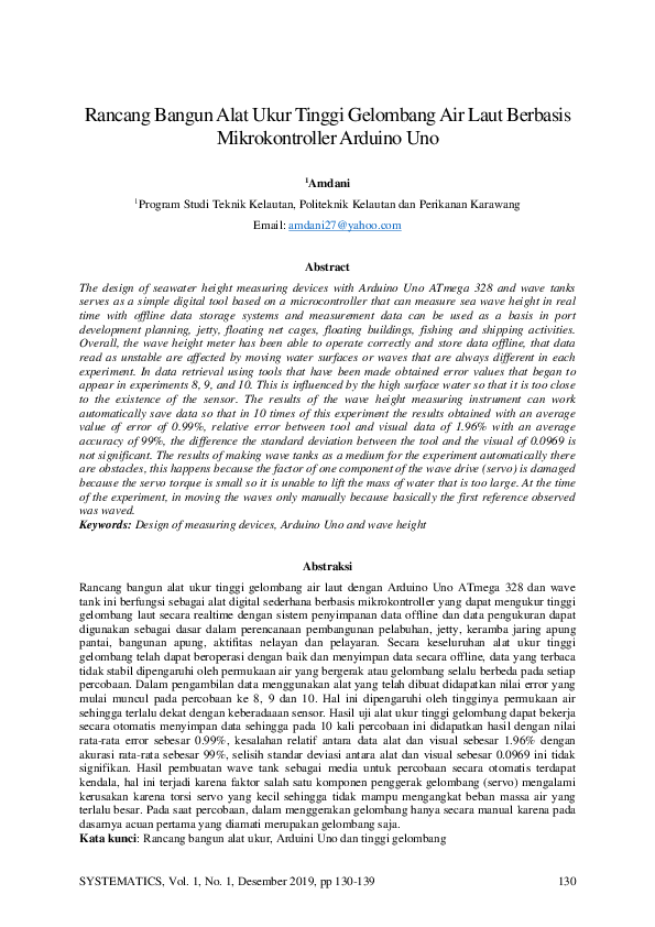 Pdf Rancang Bangun Alat Ukur Tinggi Gelombang Air Laut Berbasis Mikrokontroller Arduino Uno