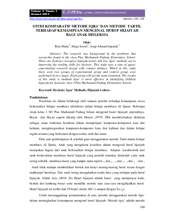 (PDF) Studi Komparatif Metode Iqra’ Dan Metode Tartil Terhadap Kemampuan Mengenal Huruf Hijaiyah ...