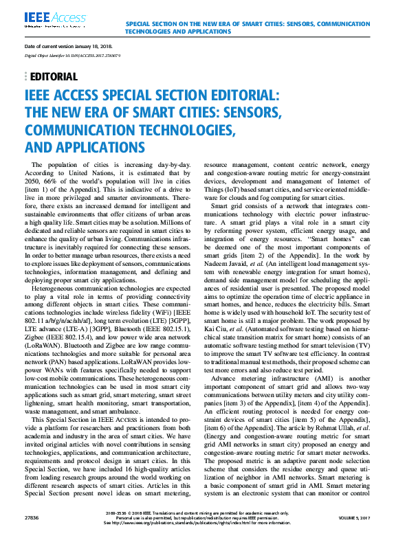 Pdf Ieee Access Special Section Editorial The New Era Of Smart Cities Sensors Communication