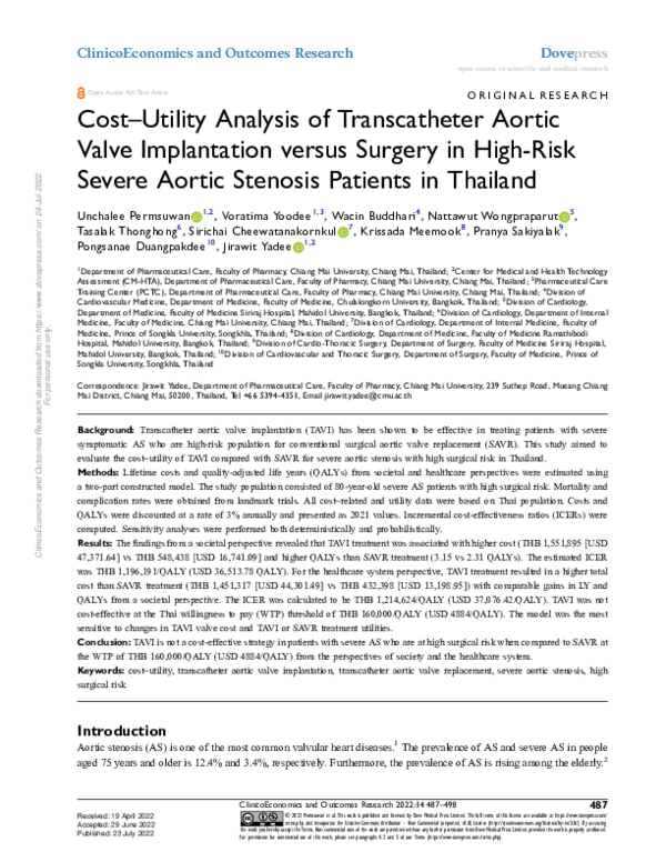 (PDF) Cost–Utility Analysis of Transcatheter Aortic Valve Implantation versus Surgery in High ...