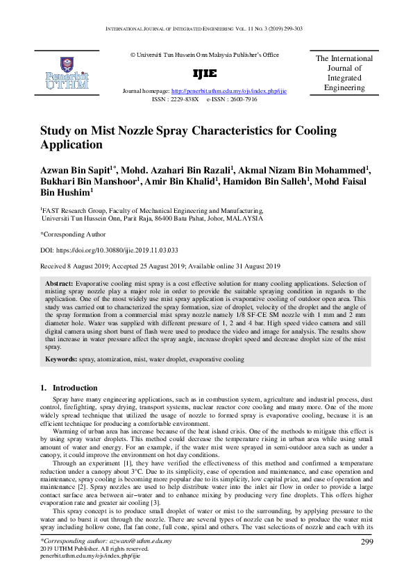 (PDF) Study on Mist Nozzle Spray Characteristics for Cooling Application