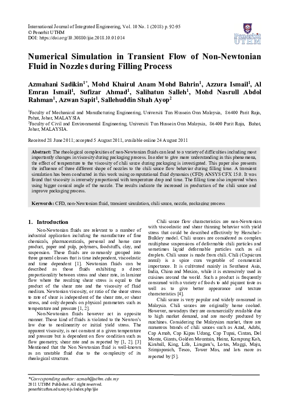 Pdf Numerical Simulation In Transient Flow Of Non Newtonian Fluid In