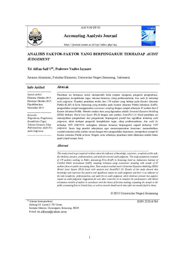 (PDF) Accounting Analysis Journal ANALISIS FAKTOR-FAKTOR YANG BERPENGARUH TERHADAP AUDIT JUDGEMENT