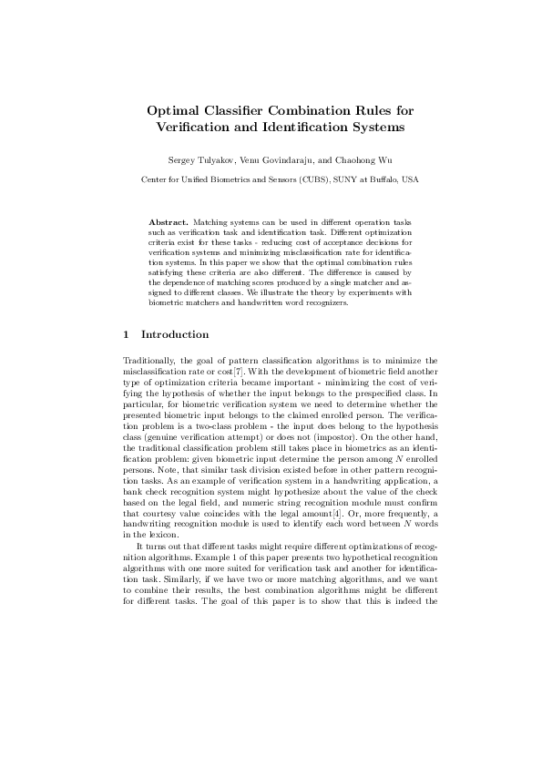 Pdf Optimal Classifier Combination Rules For Verification And Identification Systems