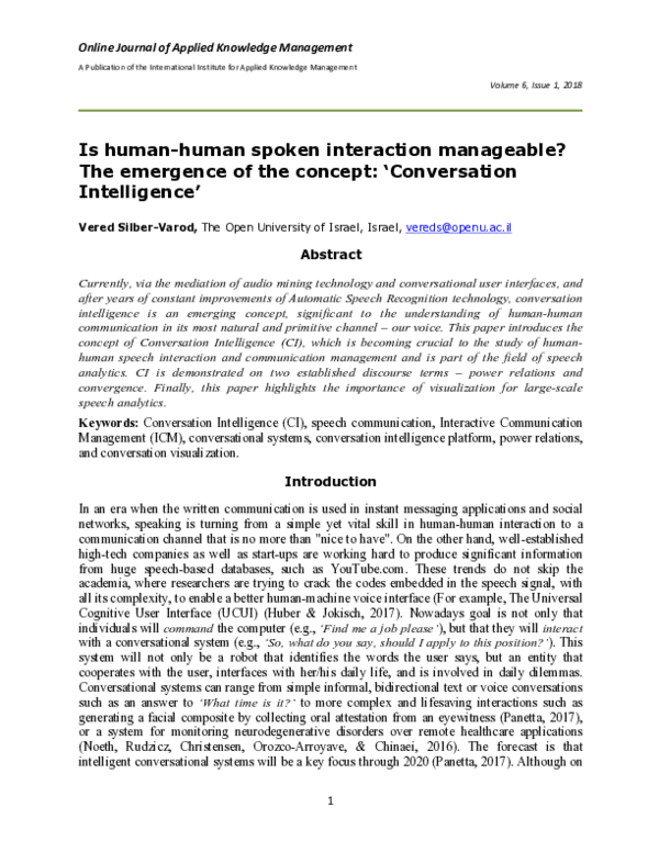 (PDF) Is human-human spoken interaction manageable? The emergence of the concept: ‘Conversation ...