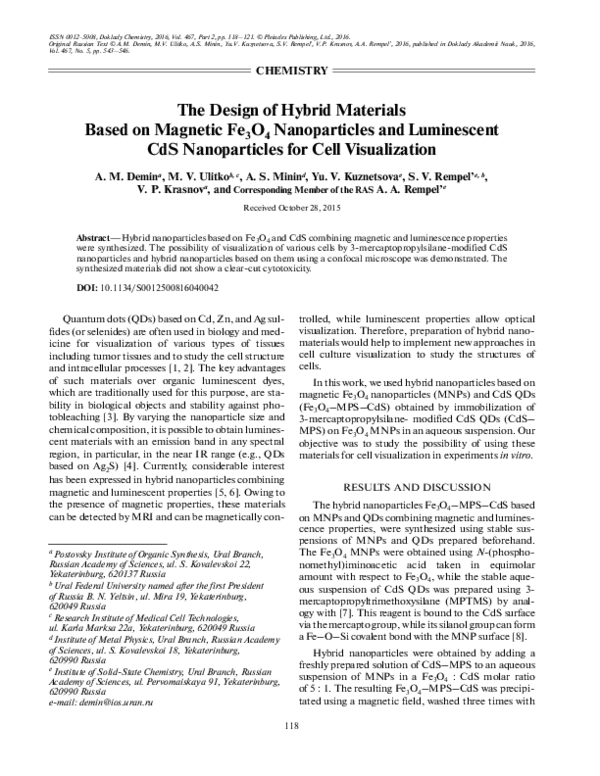 (PDF) The design of hybrid materials based on magnetic Fe3O4 nanoparticles and luminescent CdS ...