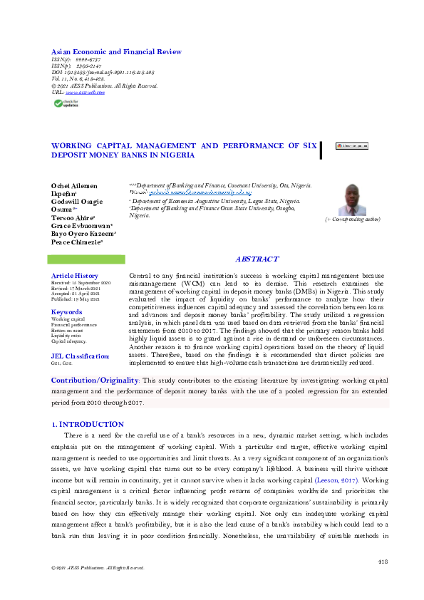 (PDF) Working Capital Management and Performance of Six Deposit Money Banks in Nigeria