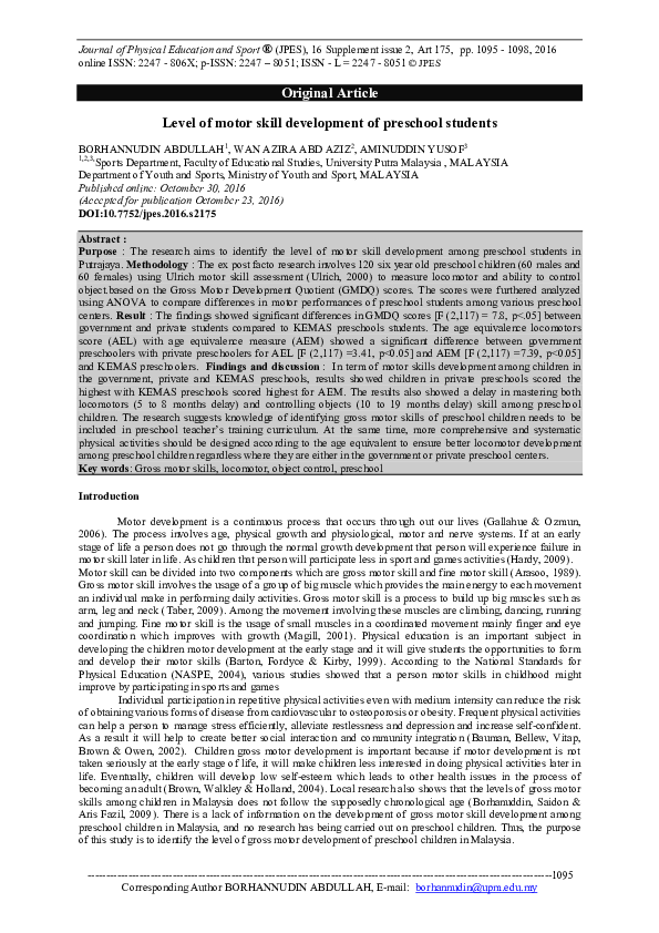 (PDF) Level of motor skill development of preschool students