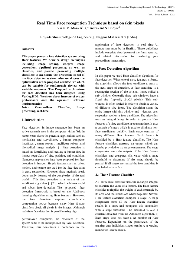 Pdf Real Time Face Recognition Technique Based On Skin Pixels Vikas