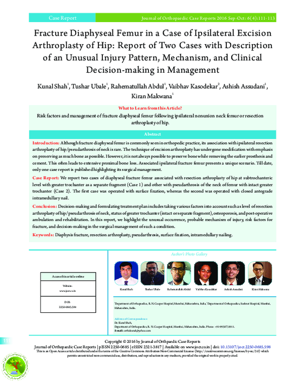 (PDF) Fracture Diaphyseal Femur in a Case of Ipsilateral Excision Arthroplasty of Hip: Report of ...