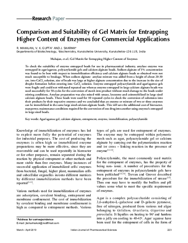 (PDF) Comparison and Suitability of Gel Matrix for Entrapping Higher ...