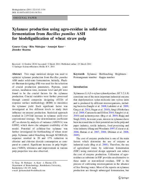 (PDF) Xylanase production using agro-residue in solid-state fermentation from Bacillus pumilus ...