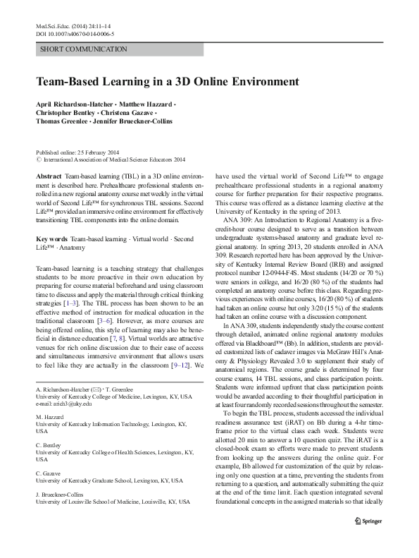 (PDF) Team-Based Learning in a 3D Online Environment | Christopher Bentley - Academia.edu
