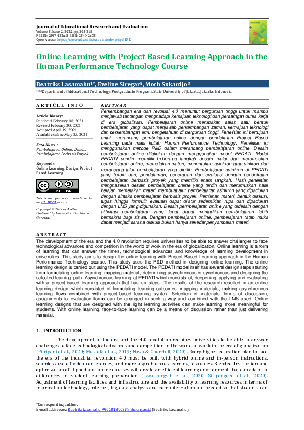 (PDF) Online Learning with Project Based Learning Approach in the Human Performance Technology ...