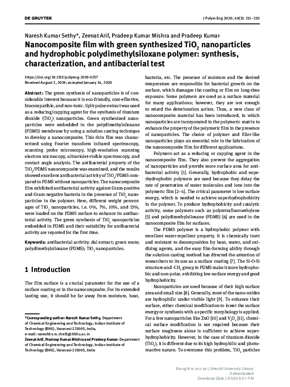(PDF) Nanocomposite film with green synthesized TiO2 nanoparticles and hydrophobic ...