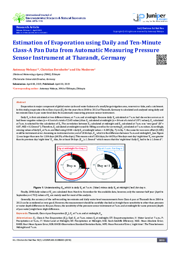 Pdf Estimation Of Evaporation At Tharandt Using Daily And Ten Minute