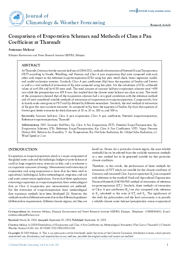 (PDF) Comparison of Evaporation Schemes and Methods of Class a Pan ...