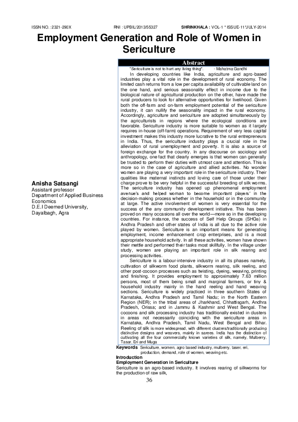(PDF) Employment Generation and Role of Women in Sericulture