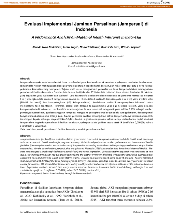 (PDF) Evaluasi Implementasi Jaminan Persalinan (Jampersal) DI Indonesia ...