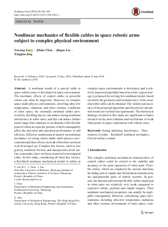 (PDF) Nonlinear mechanics of flexible cables in space robotic arms ...