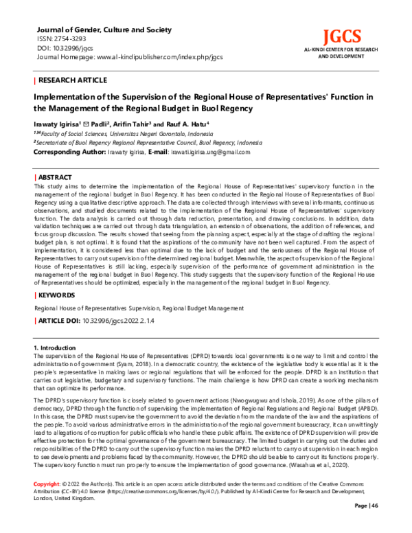 (PDF) Implementation of the Supervision of the Regional House of Representatives' Function in ...