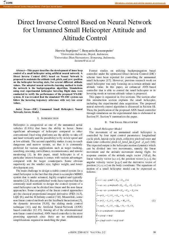 (PDF) Direct Inverse Control Based on Neural Network for Unmanned Small Helicopter Attitude and ...