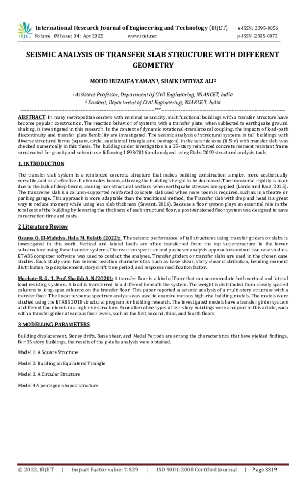 (PDF) SEISMIC ANALYSIS OF TRANSFER SLAB STRUCTURE WITH DIFFERENT GEOMETRY