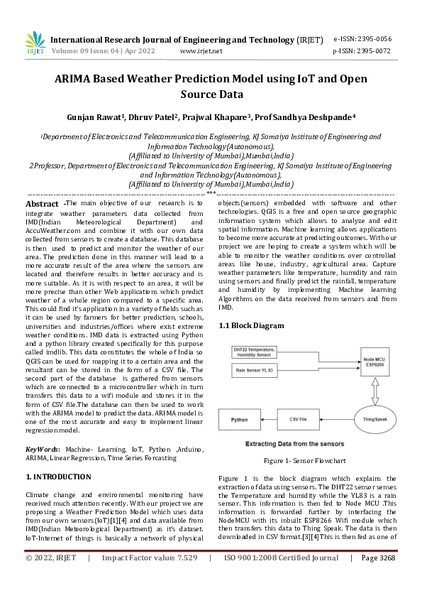 Pdf Arima Based Weather Prediction Model Using Iot And Open Source 5505
