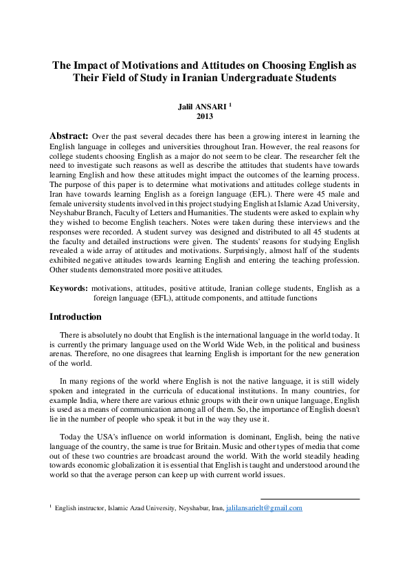(PDF) The Attitudes of Iranian college students towards learning English as a foreign language