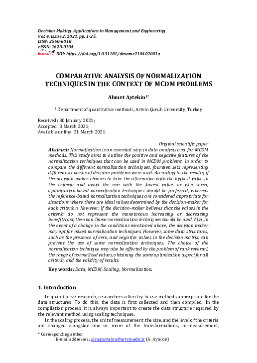(PDF) Comparative Analysis of the Normalization Techniques in the Context of MCDM Problems