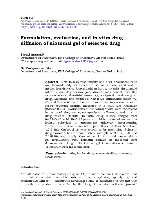 Pdf Formulation Evaluation And In Vitro Drug Diffusion Of Niosomal Gel Of Selected Drug