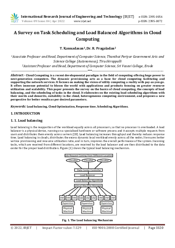 (PDF) A Survey on Task Scheduling and Load Balanced Algorithms in Cloud Computing | IRJET ...