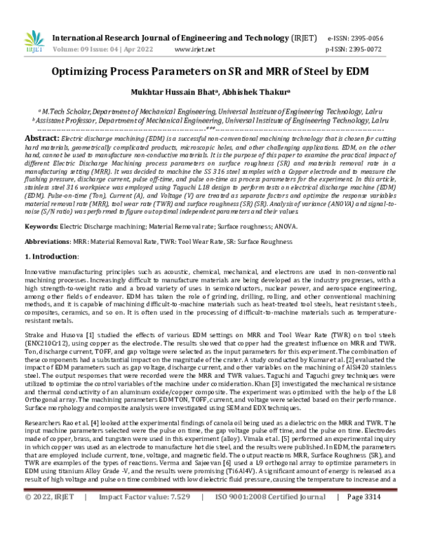 Pdf Optimizing Process Parameters On Sr And Mrr Of Steel By Edm Irjet Journal