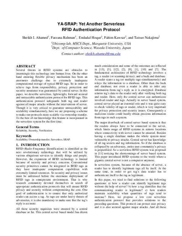 (PDF) YA-SRAP: yet another serverless RFID authentication protocol