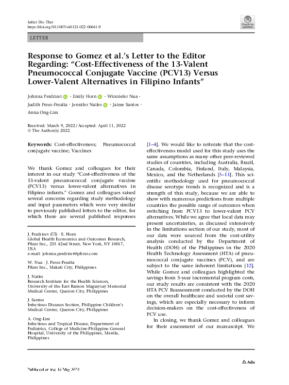 (PDF) Response to Gomez et al.’s Letter to the Editor Regarding: “Cost ...