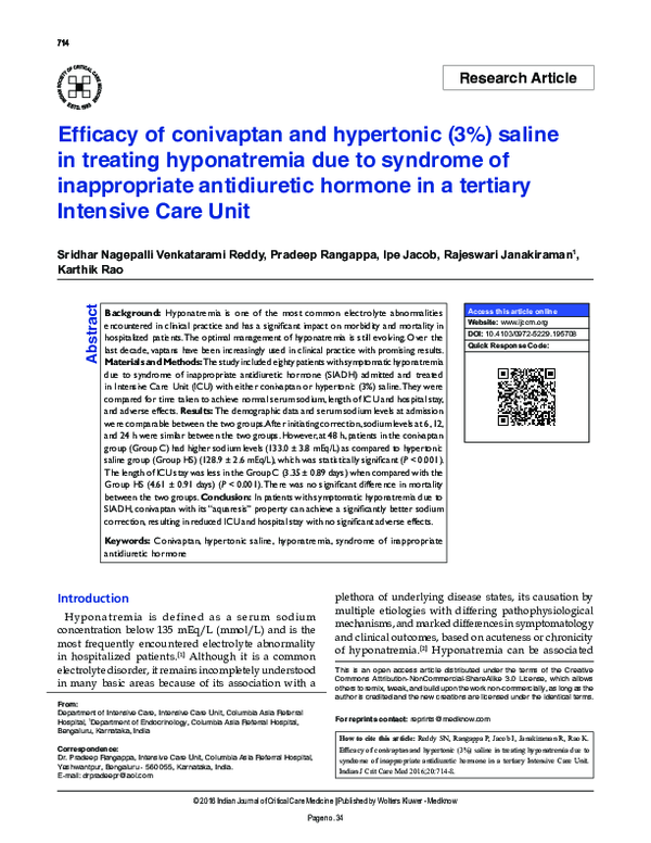 (PDF) Efficacy of conivaptan and hypertonic (3%) saline in treating ...