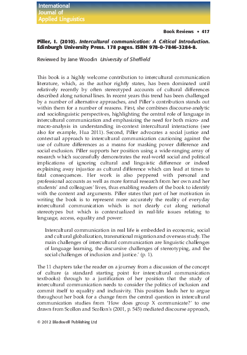 (PDF) Piller, I. (2010). Intercultural communication: A Critical ...