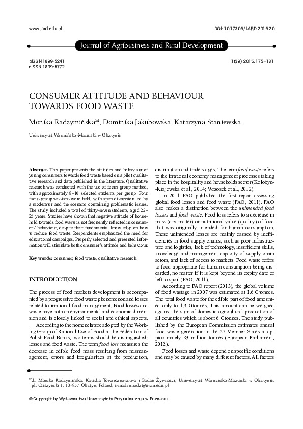 (PDF) Consumer Attitude and Behaviour Towards Food Waste