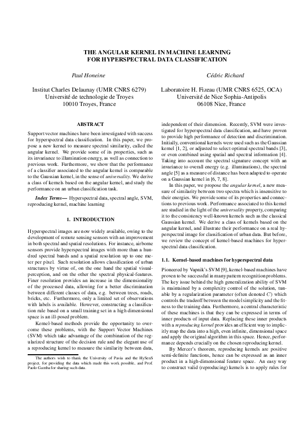 The angular kernel in machine learning for hyperspectral data ...