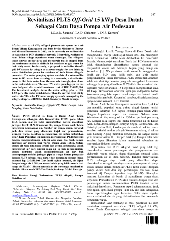 (PDF) Revitalisai PLTS Off-Grid 15 kWp Desa Datah Sebagai Catu Daya Pompa Air Pedesaan