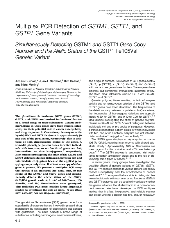 (PDF) Multiplex PCR Detection of GSTM1, GSTT1, and GSTP1 Gene Variants
