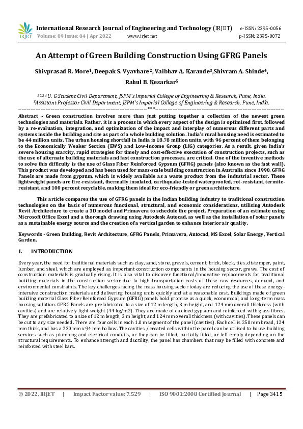 (PDF) An Attempt of Green Building Construction Using GFRG Panels ...