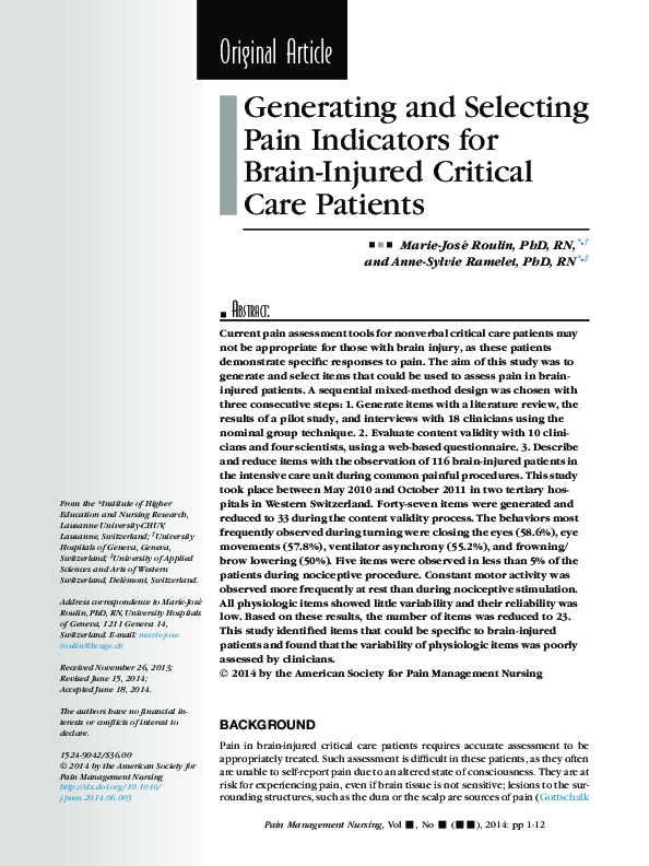 (PDF) Generating and Selecting Pain Indicators for Brain-Injured ...